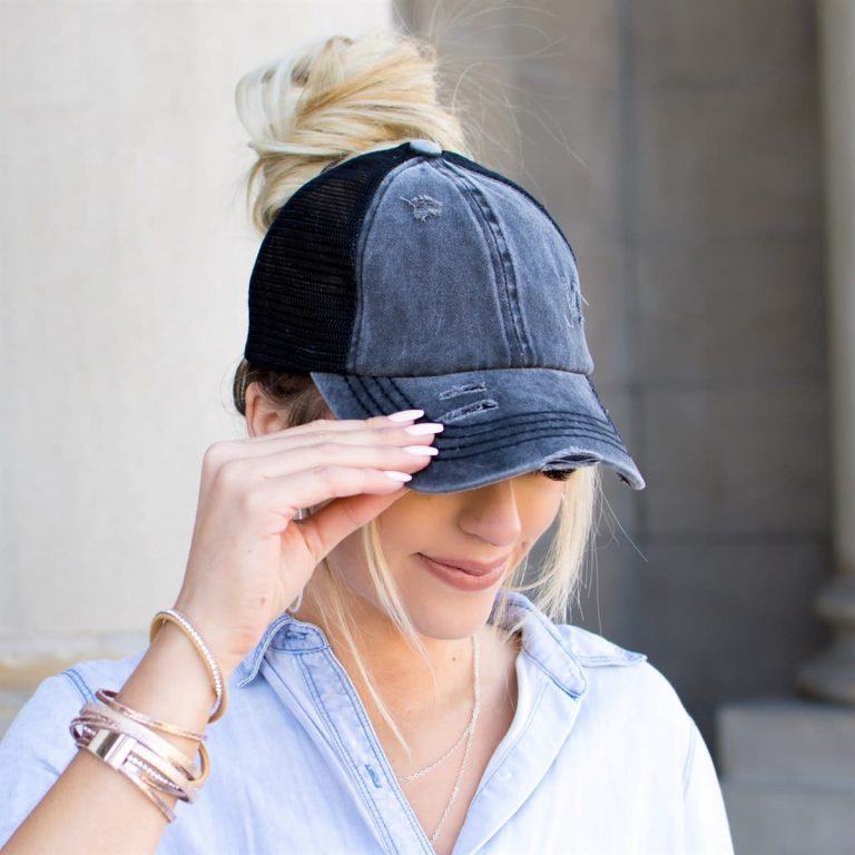 Distressed Ponytail Ball Caps - Blanks Outlet